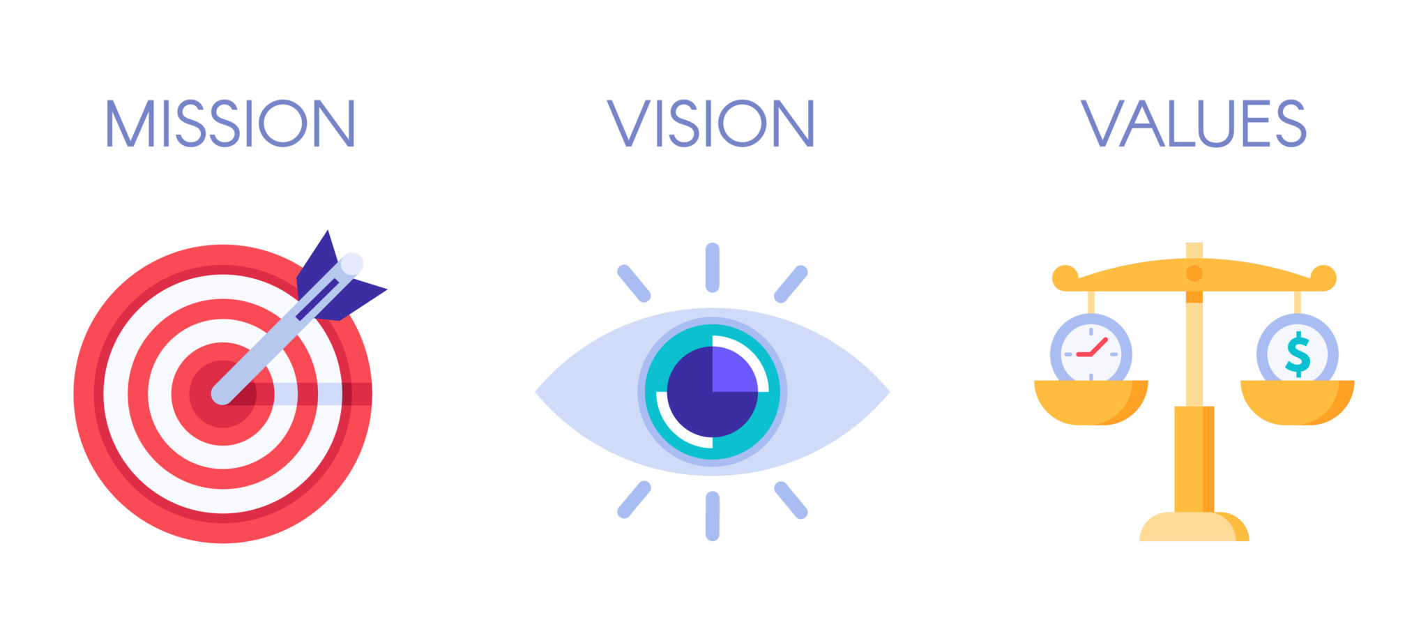 Mission, vision and values. Business strategy icons, company value and ... Mission, vision and values. Business strategy icons, company value and ...